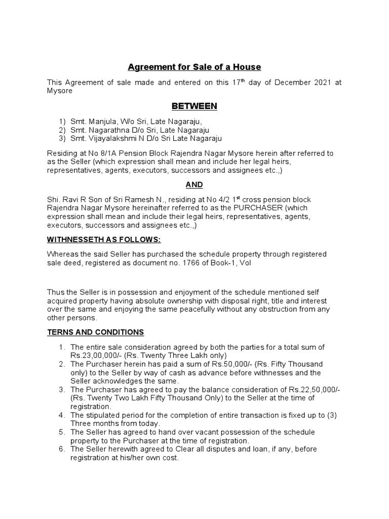 Agreement For Sale of A House | PDF | Deed | Conveyancing