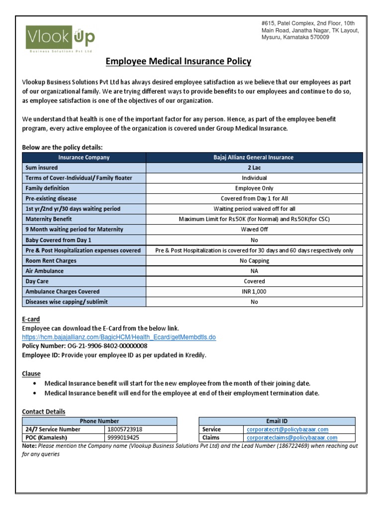 Employee Medical Insurance Policy: Below Are The Policy Details | PDF ...