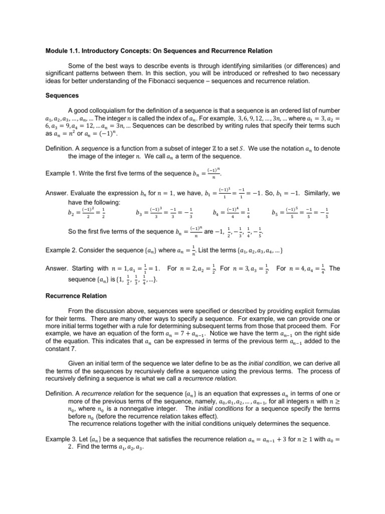 Module 1.1 Introductory Concepts On Sequences and Recurrence Relation | PDF | Sequence ...