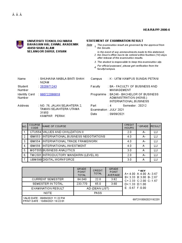 Universiti Teknologi Mara - Examination Result | PDF