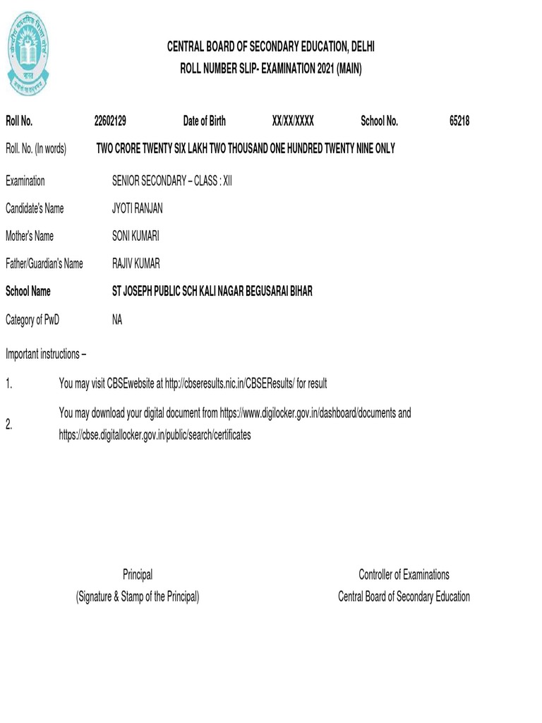 Central Board of Secondary Education, Delhi Roll Number Slip ...