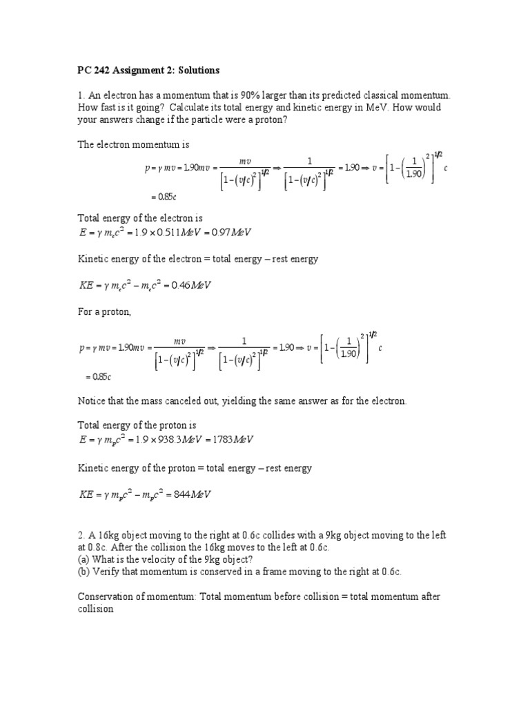 PC 242 Assignment 2: Solutions: p = γ mv = 1.90mv = mv c | Download Free PDF | Electronvolt ...