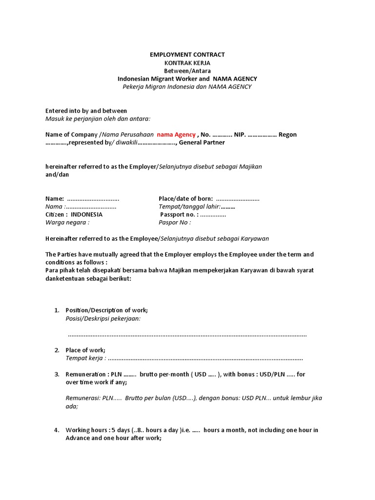 Employment Contract Poland-Worker | PDF | Employment | Migrant Worker