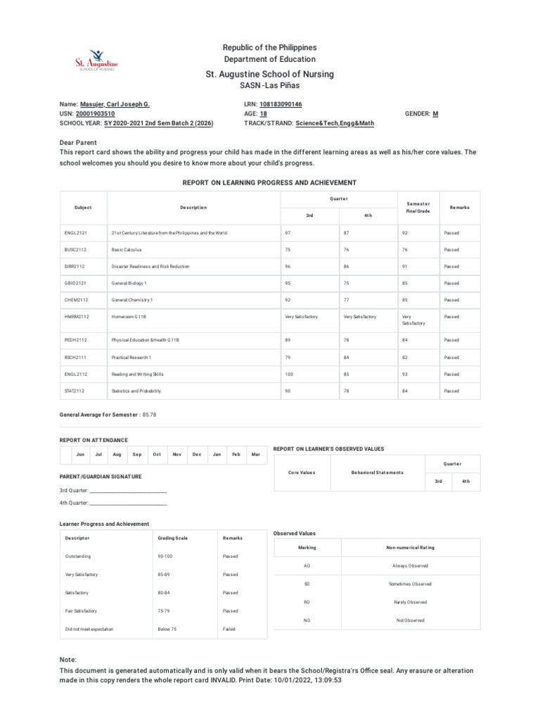Grade Slip SHS | PDF | Science