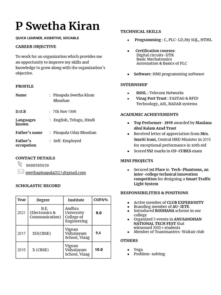P Swetha Kiran: Technical Skills | PDF | Computing | Science And Technology