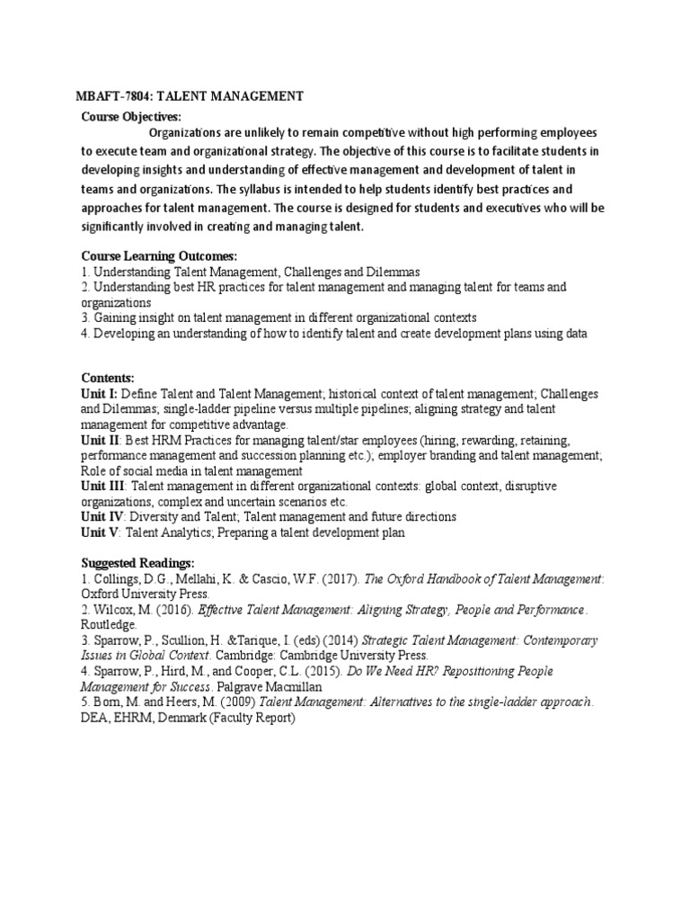 Mbaft-7804: Talent Management Course Objectives | PDF | Talent ...