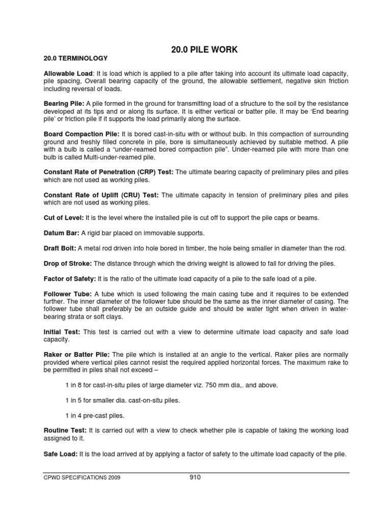 Piles CPWD Specs2009 | Download Free PDF | Deep Foundation | Concrete