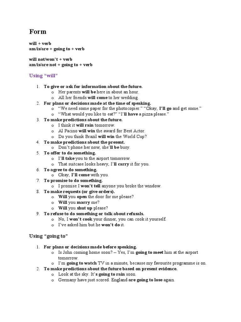 Using "Will": Will + Verb Am/is/are + Going To + Verb Will Not/won't ...