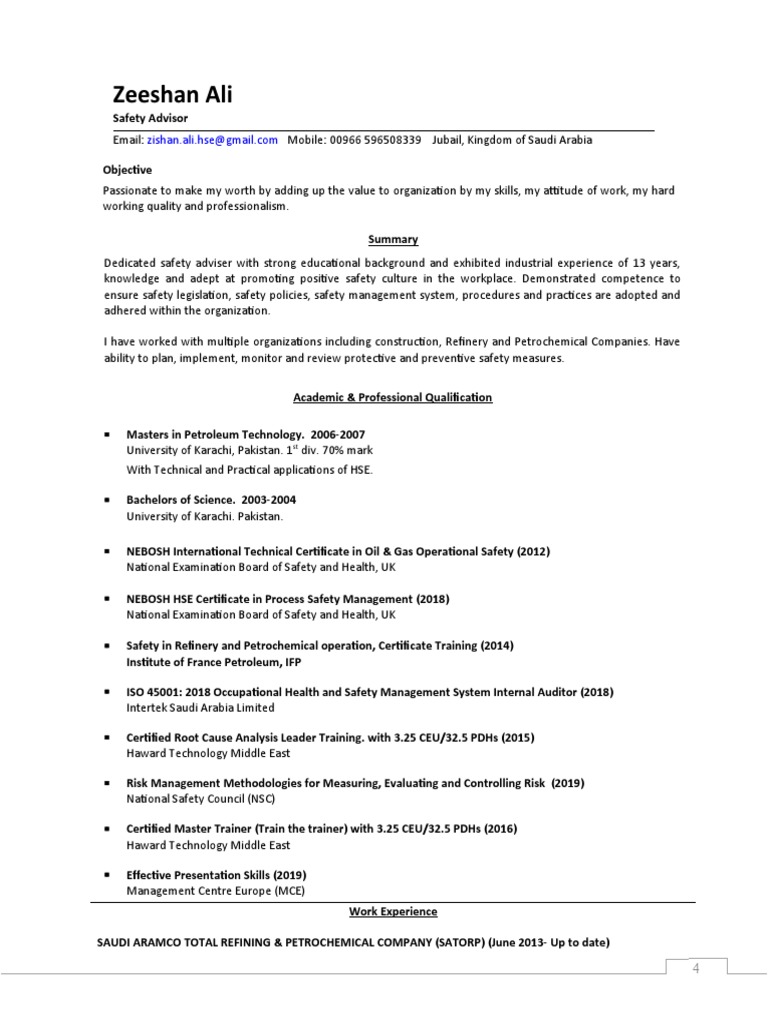 ZEESHAN ALI RESUME 2021 Safety Advisor | PDF | Occupational Safety And ...