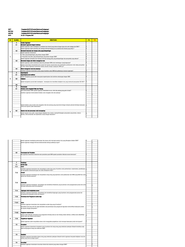 Lembar Audit Internal Iso 9001 | PDF