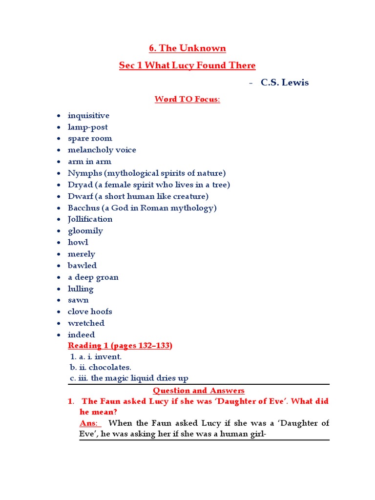 The Unknown Sec 1 What Lucy Found There: Word TO Focus | PDF