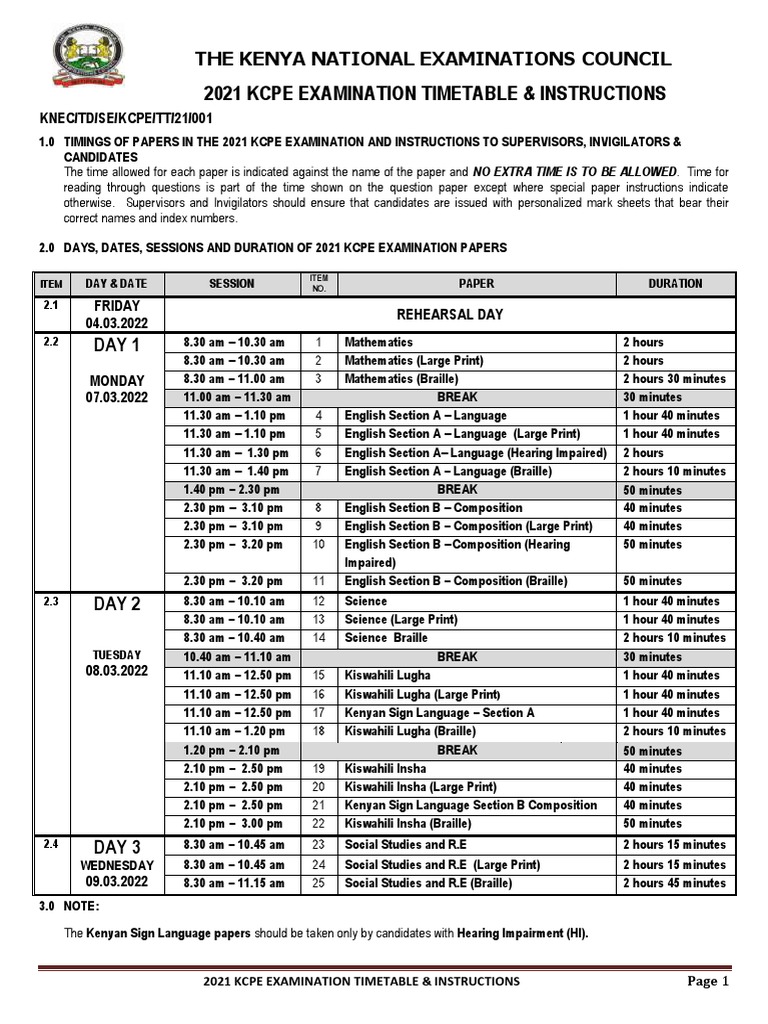 2021 Kcpe Examination Timetable & Instructions: The Kenya National ...