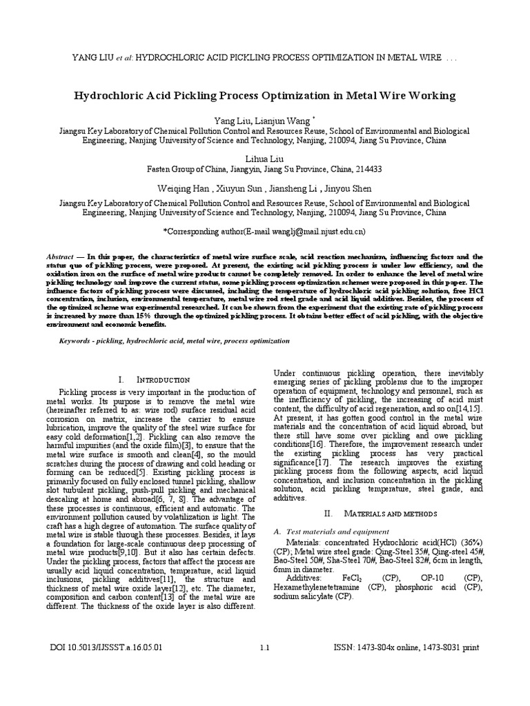 Hydrochloric Acid Pickling Process Optimization in Metal Wire Working ...