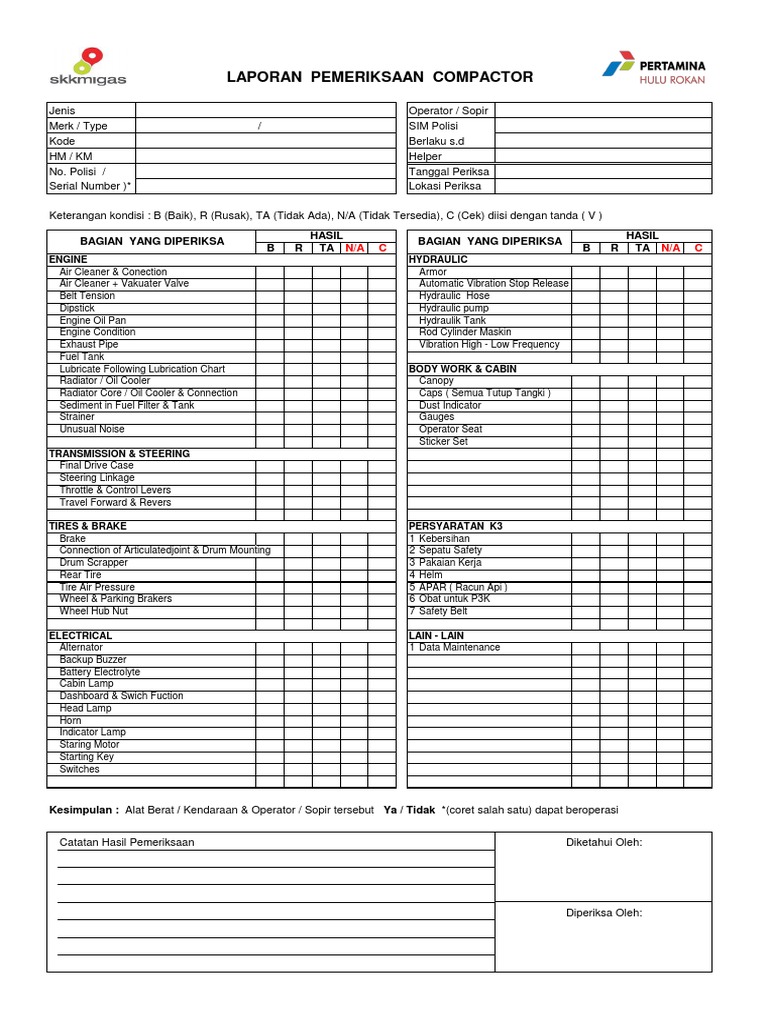 Form Inspeksi Alat Berat (Compactor) | PDF | Brake | Steering
