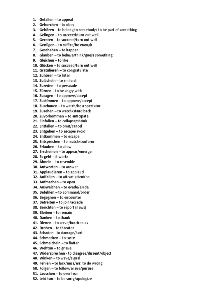 German B2-Level List of Pure Dativ Verbs | PDF