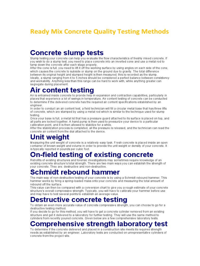 Ready Mix Concrete Quality Testing Methods | PDF | Concrete | Metrology