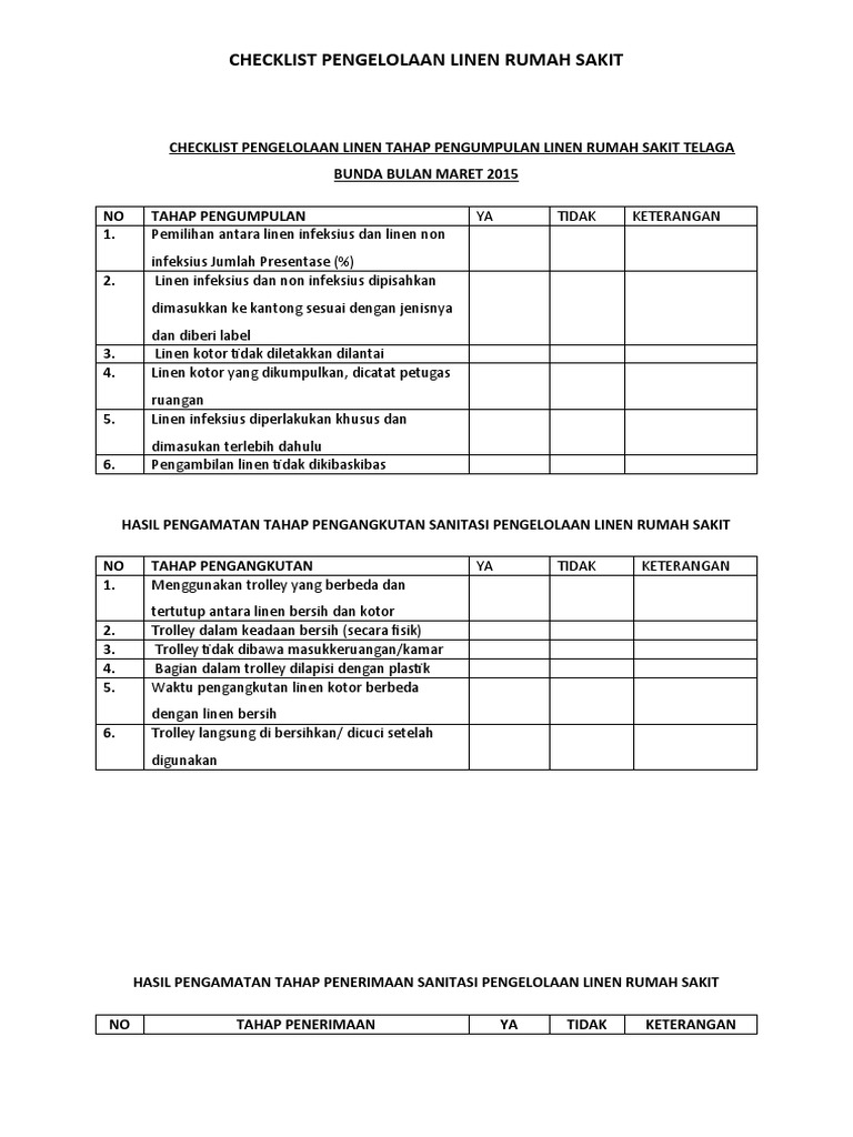 Checklist Pengelolaan Linen Tahap Pengumpulan Linen Rumah Sakit Telaga ...