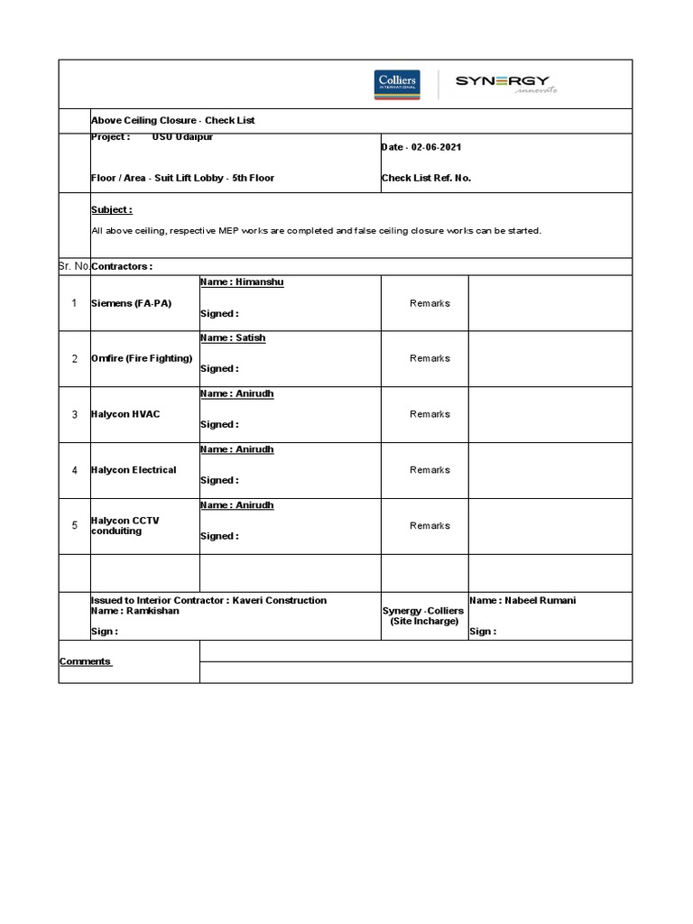 Above Ceiling Closure Check List | PDF | Ceiling | Components