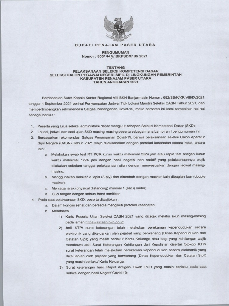 Pengumuman Pelaksanaan SKD CPNS 2021 | PDF