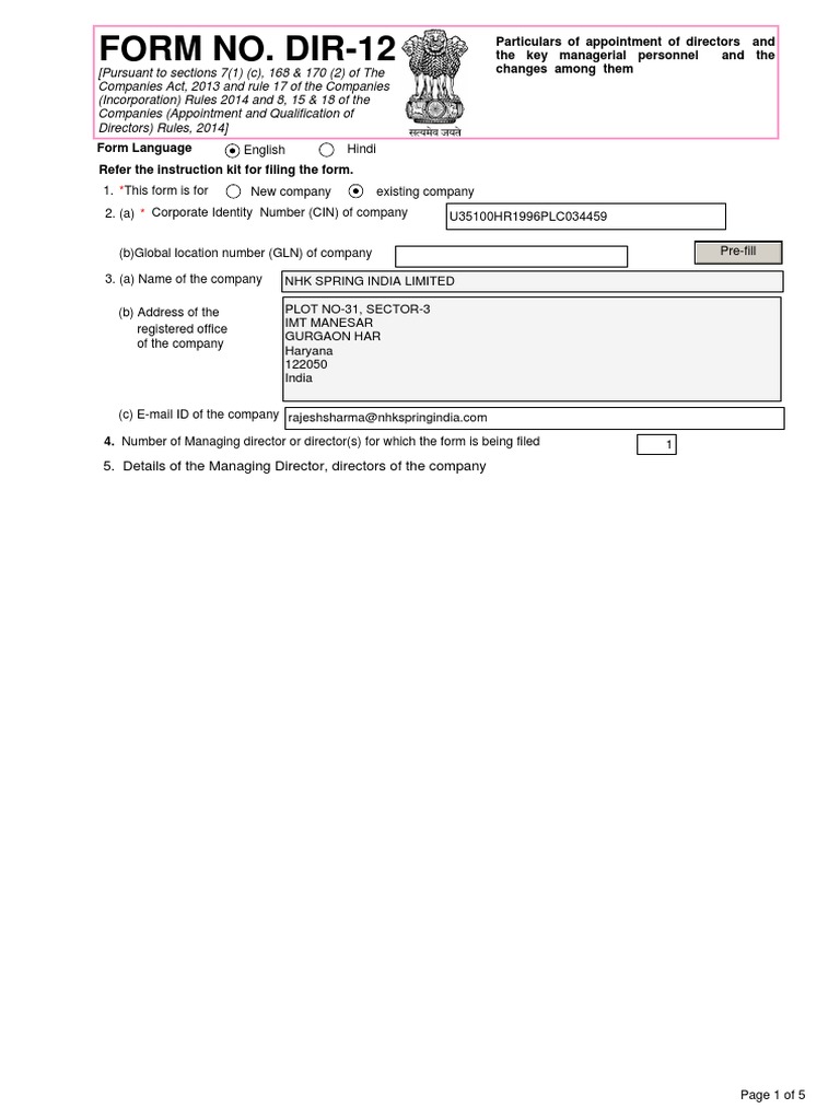 Form No. Dir-12: 5. Details of The Managing Director, Directors of The ...