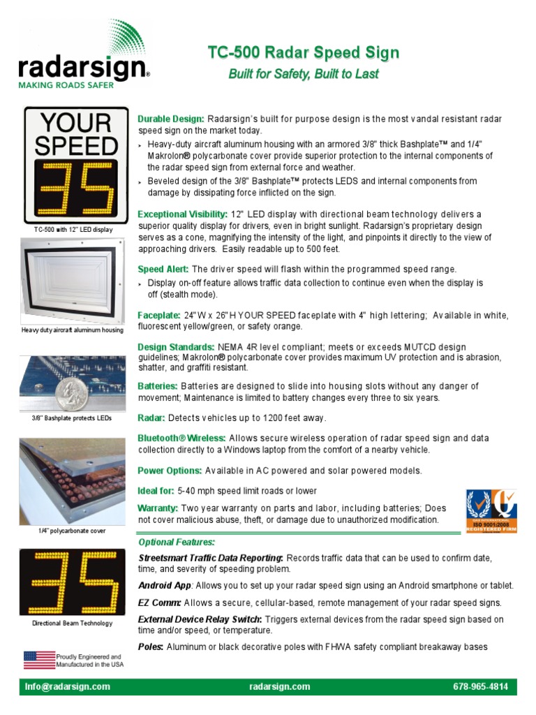 Radarsign TC 500 Radar Speed Sign Spec Sheet 15v9.1 | PDF