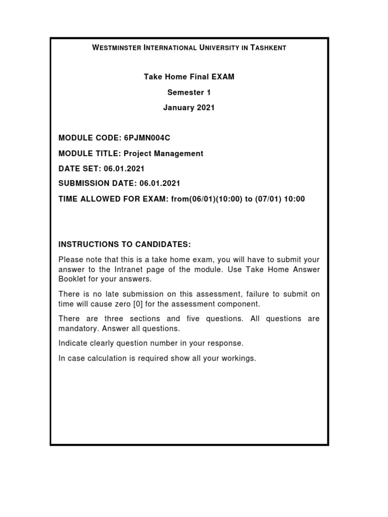 Project Management Exam - Take Home | PDF | Project Management | World ...