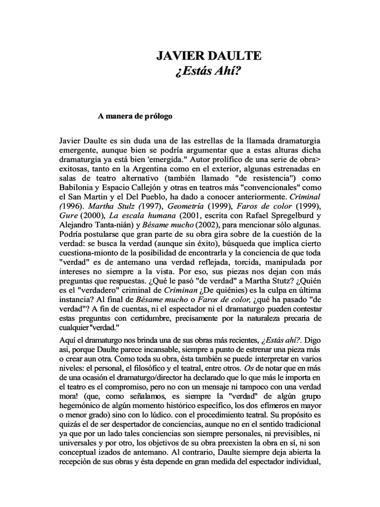 Estas Ahi Javier Daulte. Obra Teatro | PDF