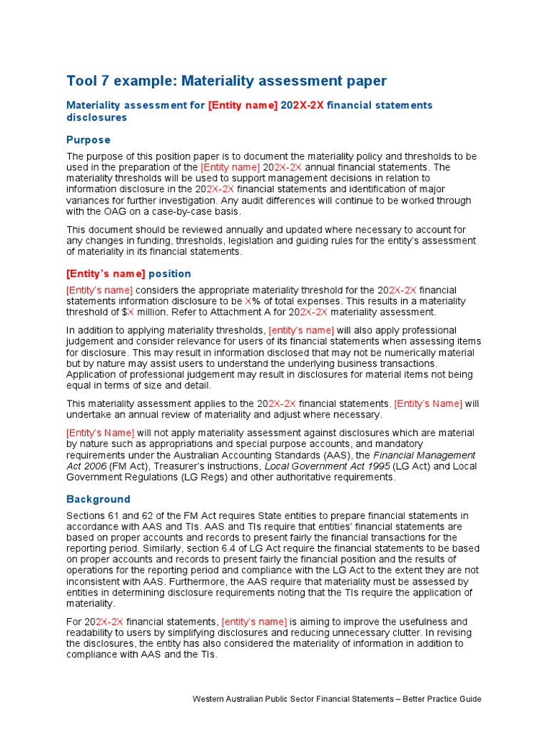 Tool 7 Example: Materiality Assessment Paper | PDF | Audit | Financial ...