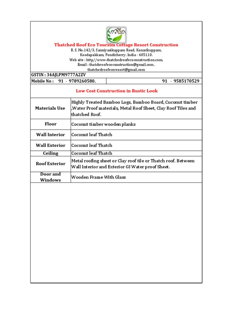 Thatched Roof Eco Toursim Cottage Resort Construction | PDF | Roof | Wall