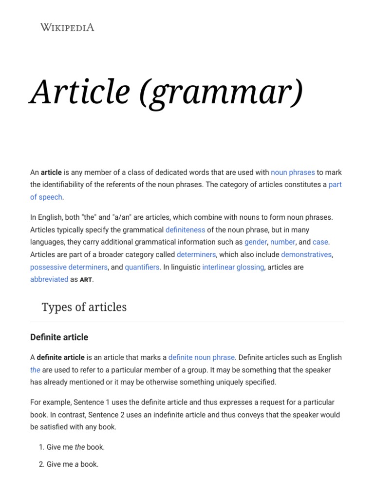 Article (Grammar) - Wikipedia | PDF | Grammatical Gender | Communication
