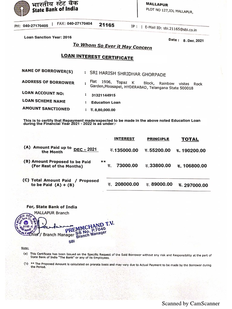 SBI - Education Loan - Interest - Certificate | PDF
