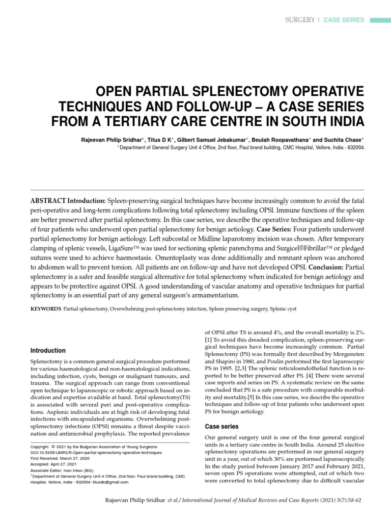 Open Partial Splenectomy Operative Techniques and Follow-Up - A Case ...