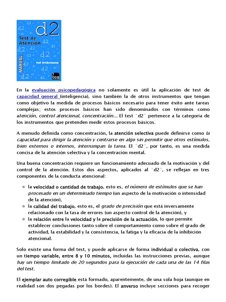 d2, Test de Atención | PDF | Atención | Procesos mentales