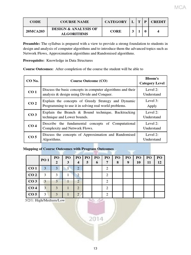20MCA203 Design & Analysis of Algorithms Core 3 1 0 4: 3/2/1: High/Medium/Low | PDF | Time ...