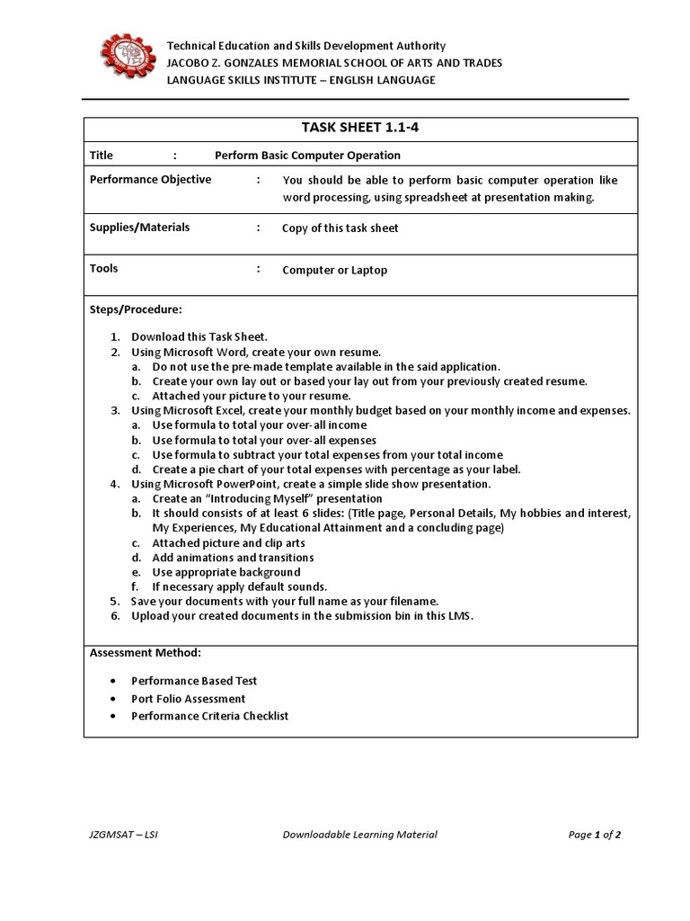 Task Sheet 1.1-4 | PDF | Microsoft Excel | Microsoft Word