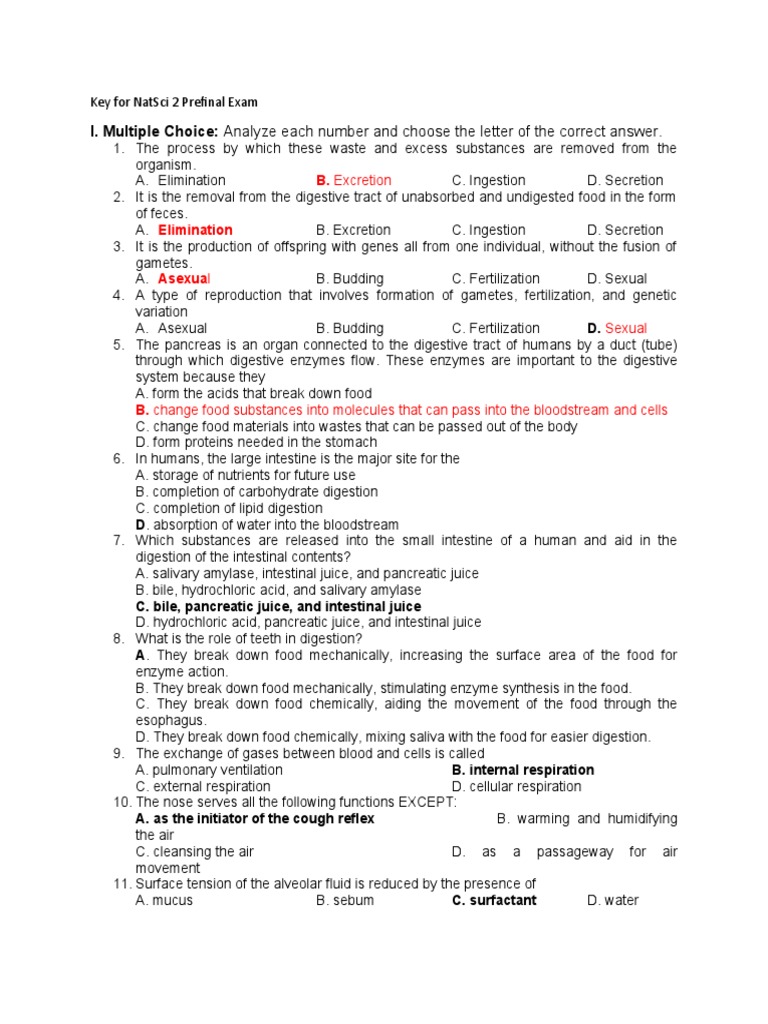 Key For NatSci 2 Prefinal Exam | PDF | Digestion | Respiratory System