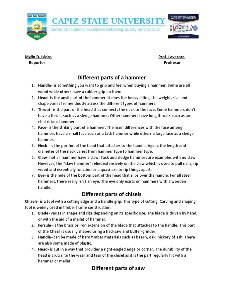Different Parts of A Hammer | PDF | Hammer | Woodworking