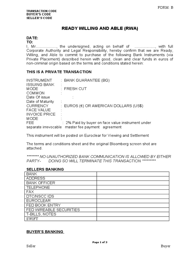 Ready Willing and Able (Rwa) : Date: TO | PDF | Financial Transaction ...