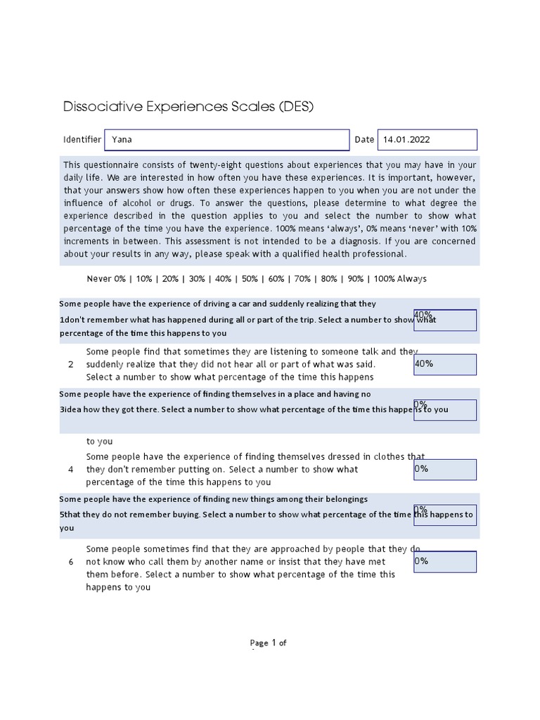 Dissociative Experiences Scales (DES) | PDF | Cognition | Experience