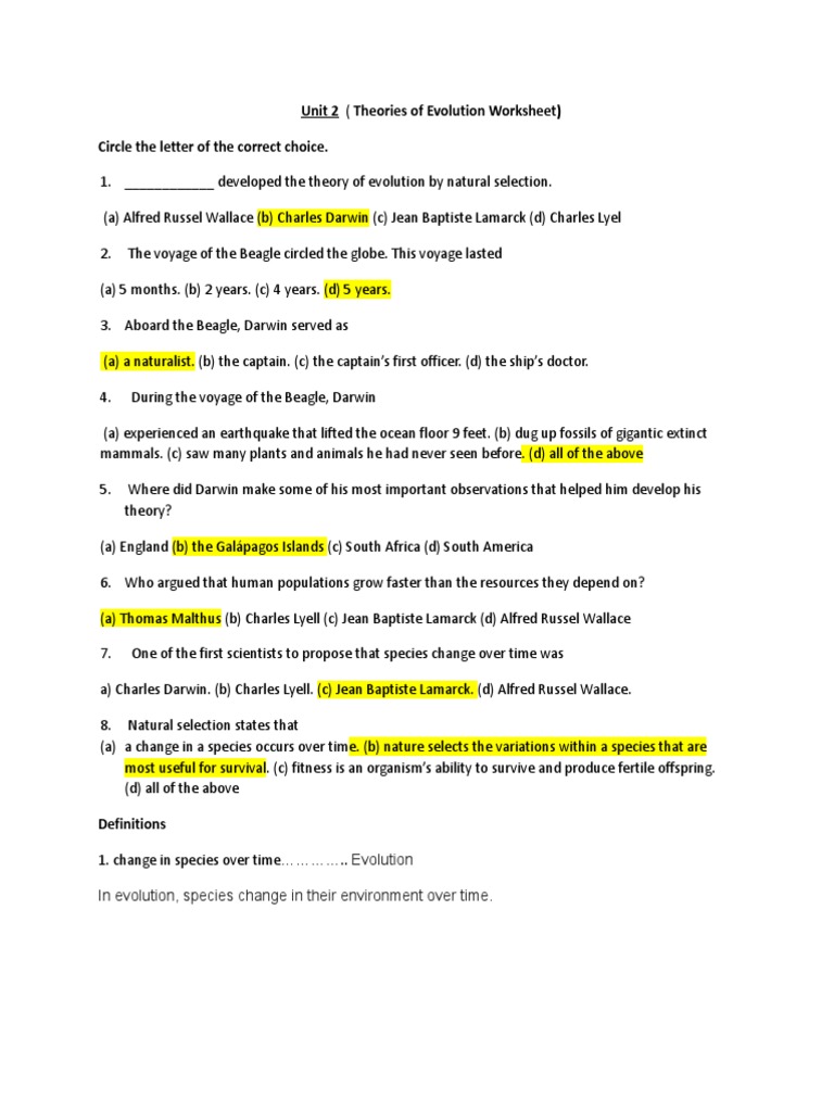 Theories of Evolution Worksheet | PDF | Evolution | Natural Selection