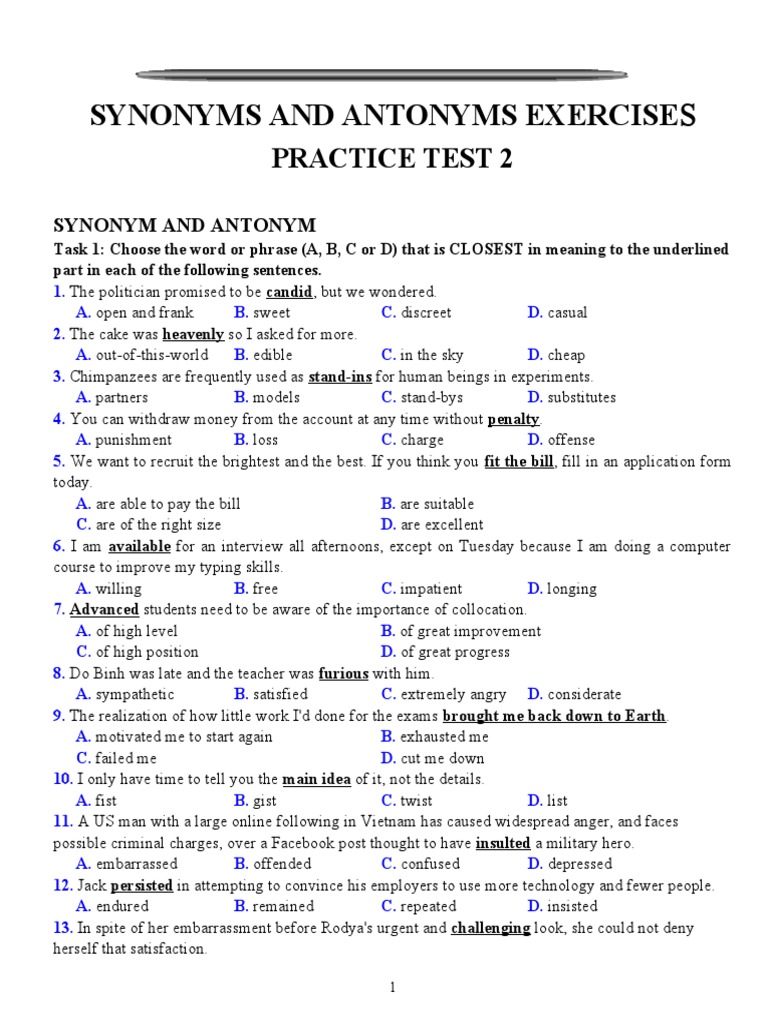 Synonyms and Antonyms Exercise: Practice Test 2 | PDF
