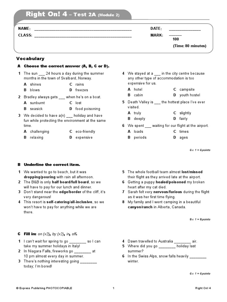 Right On! 4: - Test 2A | PDF