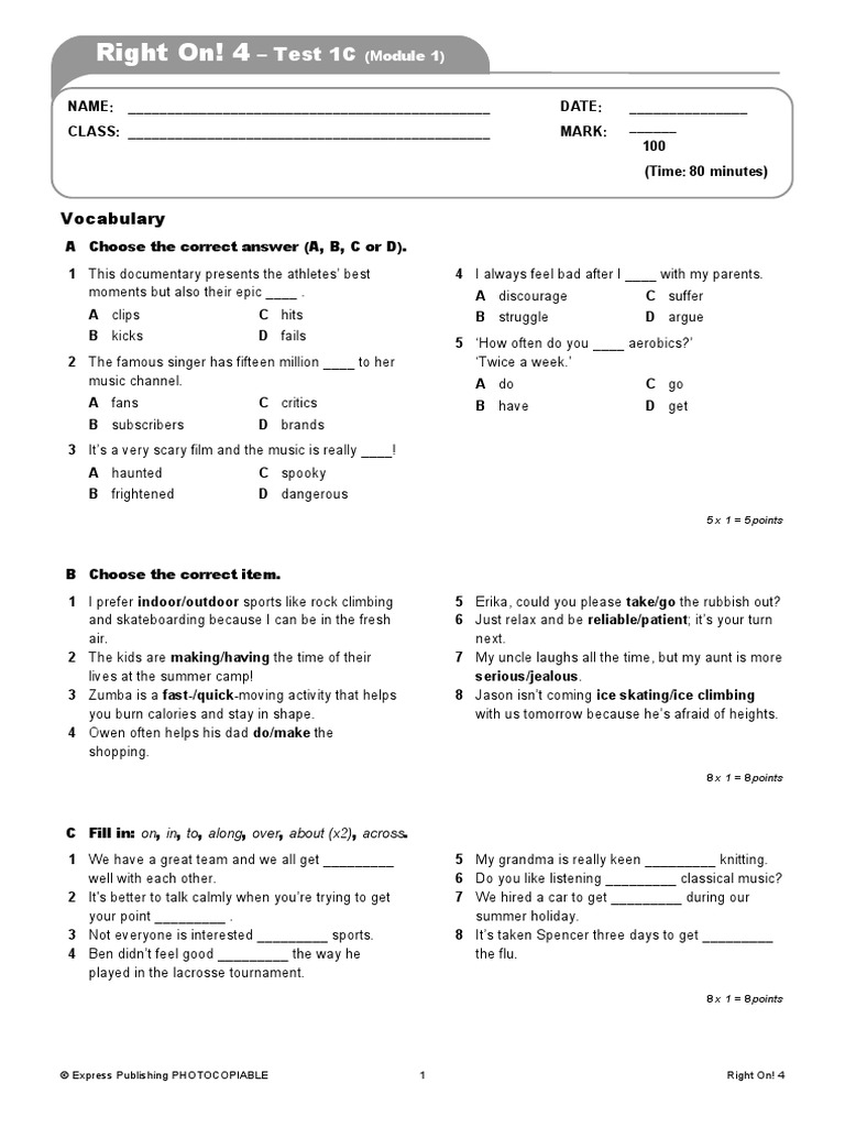 Right On! 4: - Test 1C | PDF