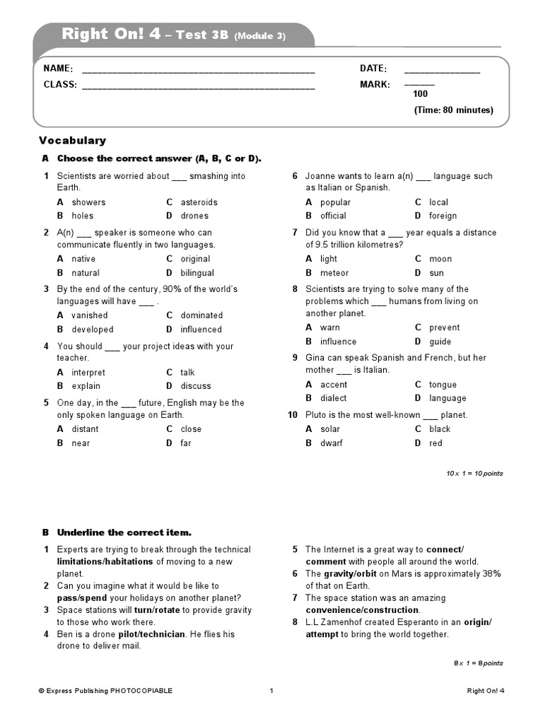 Right On! 4: - Test 3B | PDF | Translations | Planets