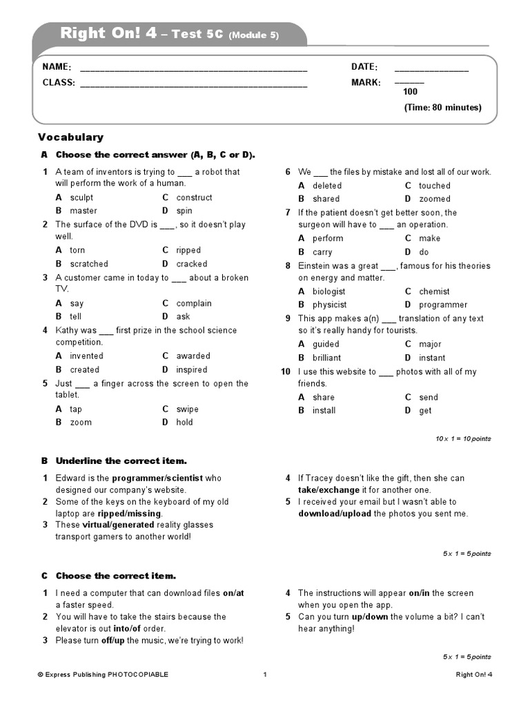 Right On! 4: - Test 5C | PDF | Prosthesis