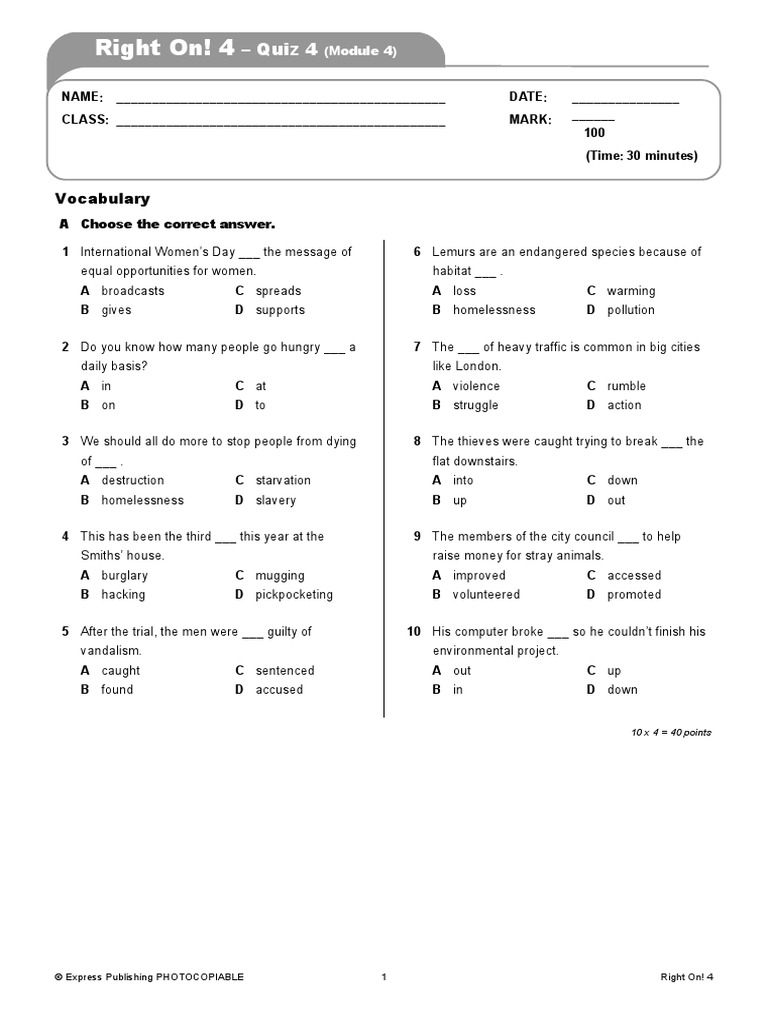 Right On! 4: - Quiz 4 | PDF