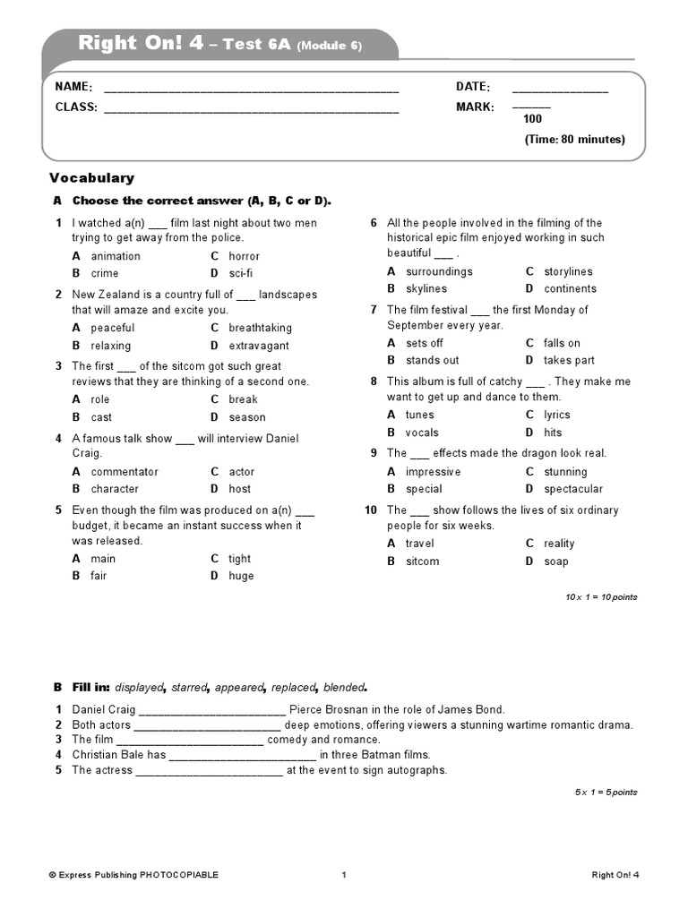 Right On! 4: - Test 6A | PDF