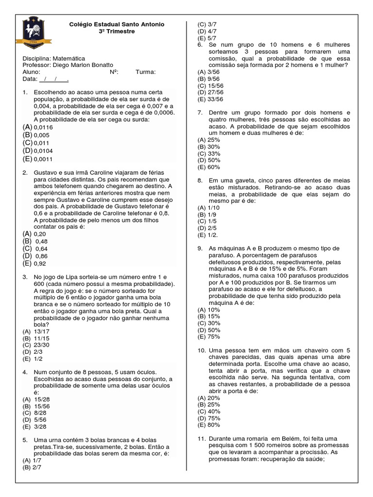 Lista de Exercícios Sobre Probabilidade | PDF | Probabilidade