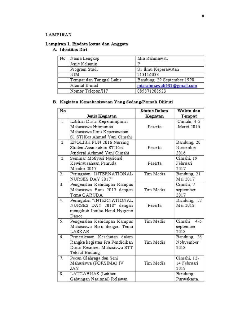 5.lampiran - 1biodata Ketua - A - Mia.r - 3a - S1 (K) | PDF
