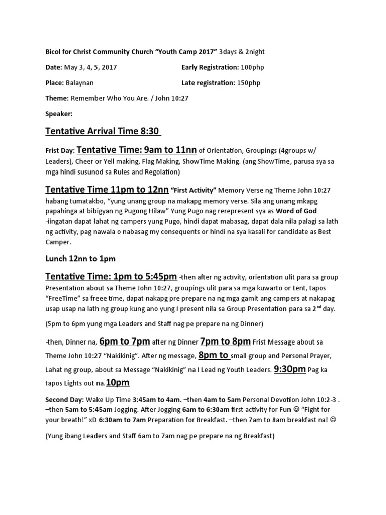 Example Program, Youth Camp 2017 | PDF